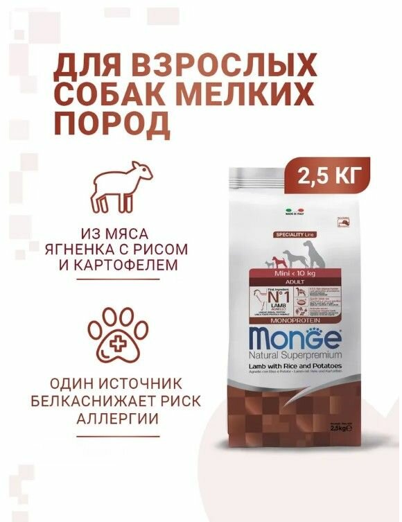 Сухой корм Monge Dog Speciality Line Monoprotein Mini для взрослых собак мелких пород, из ягненка с рисом и картофелем 2,5 кг