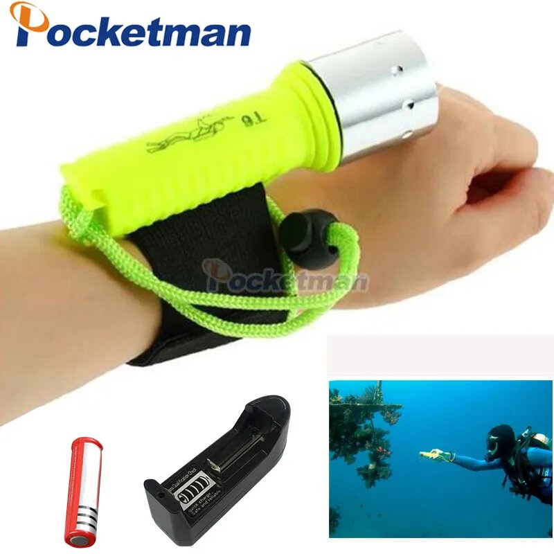 POCKETMAN Подводный фонарик T6 3800лм, No battery