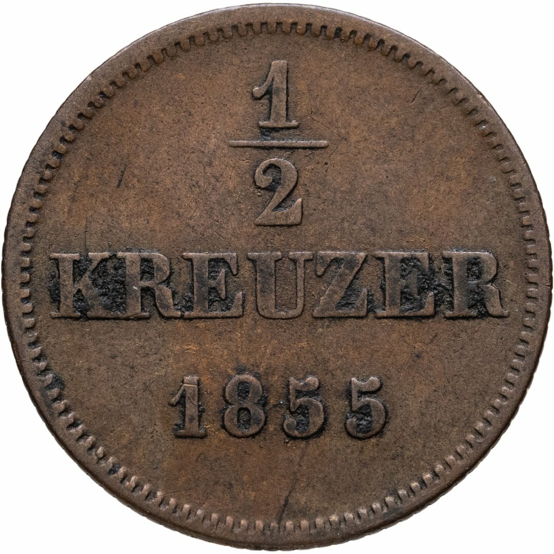 Бавария 1/2 крейцера 1855, Медь, в сохранности VF-XF