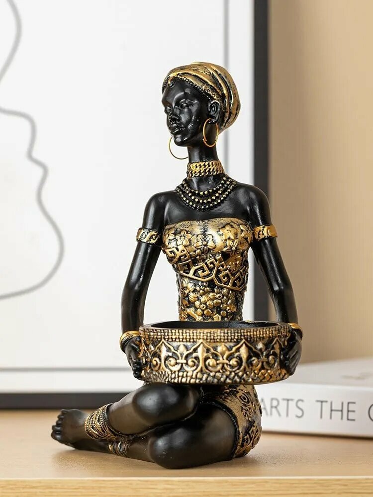 Lumina Home Фигурка декоративная Статуя африканской девушки, поднос для хранения, высота 19 см, длина 16 см