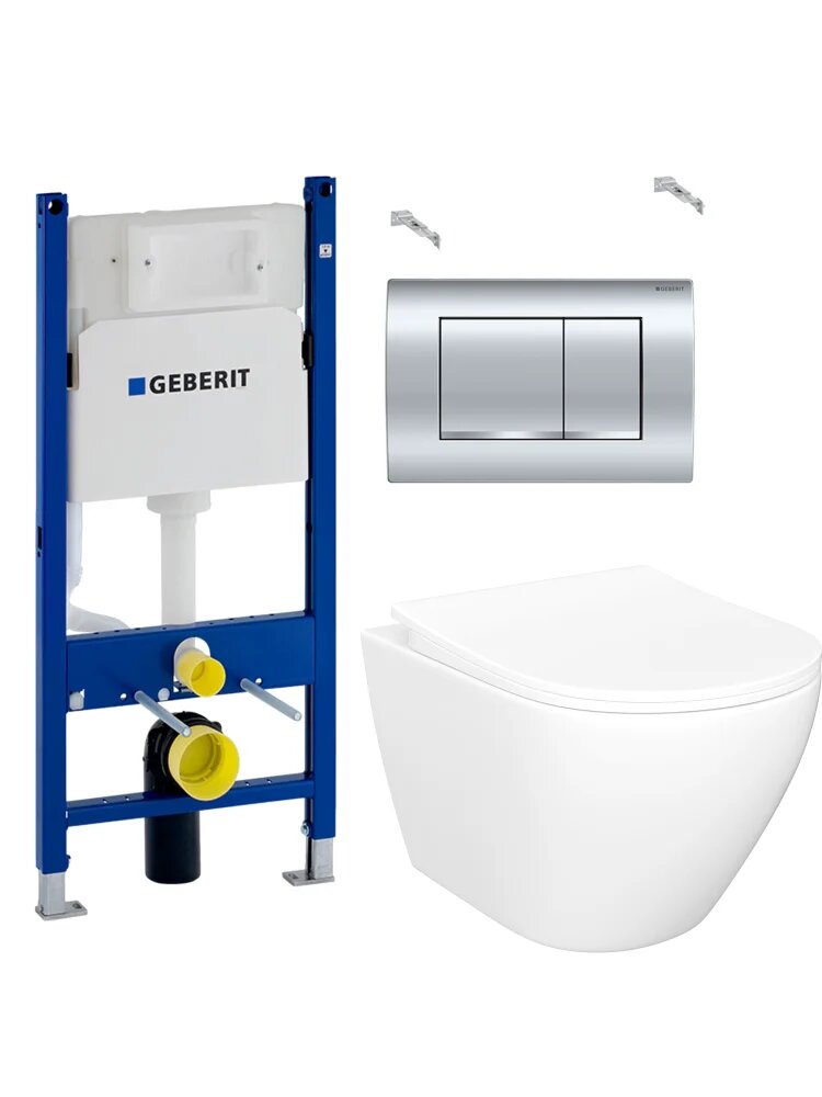 Комплект 4 в 1: Инсталляция Geberit Duofix Delta 458.163.21.2 / Унитаз подвесной STWORKI Кронборг S28401WH безободковый, с микролифтом / Кнопка хром, Комплект креплений