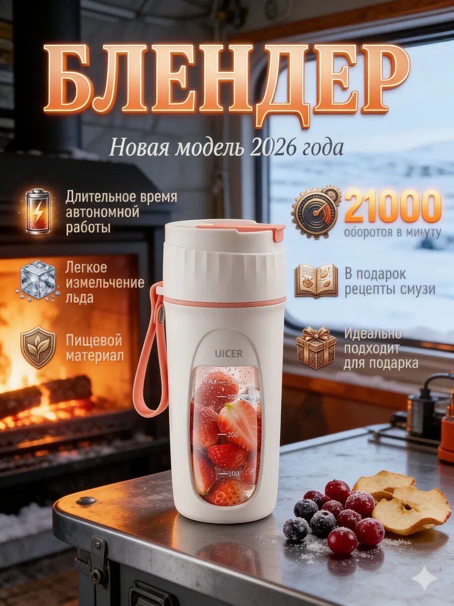 Портативный блендер беспроводной для смузи и коктейлей, 3 скорости с дисплеем, белый