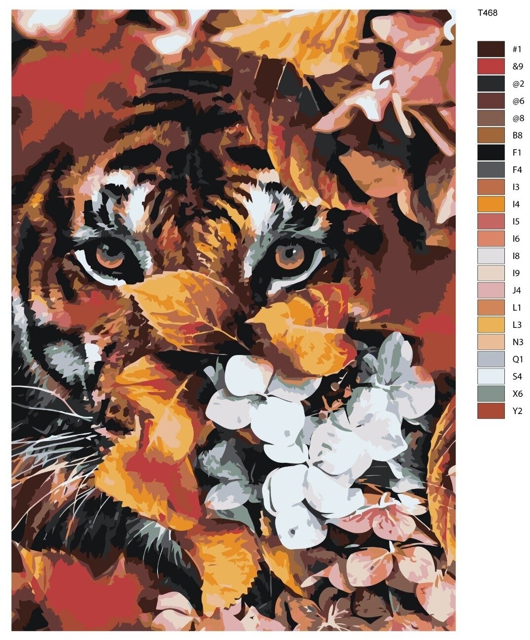 Картина по номерам T468 "тигр В цветах" 40x60