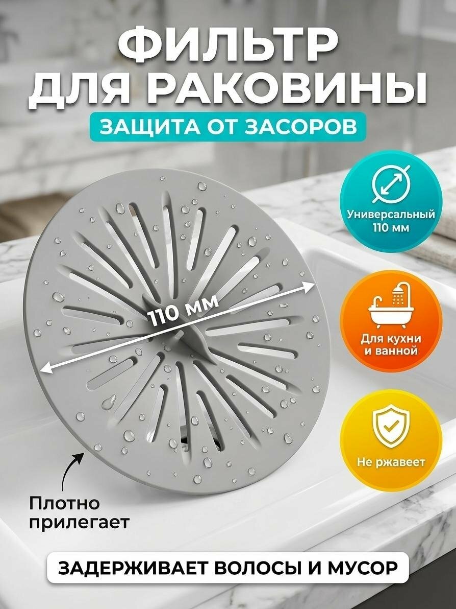 Фильтр для моек, раковин, ванн 11 см круглый Wirquin Catchy 30724771 серый защитный аксессуар