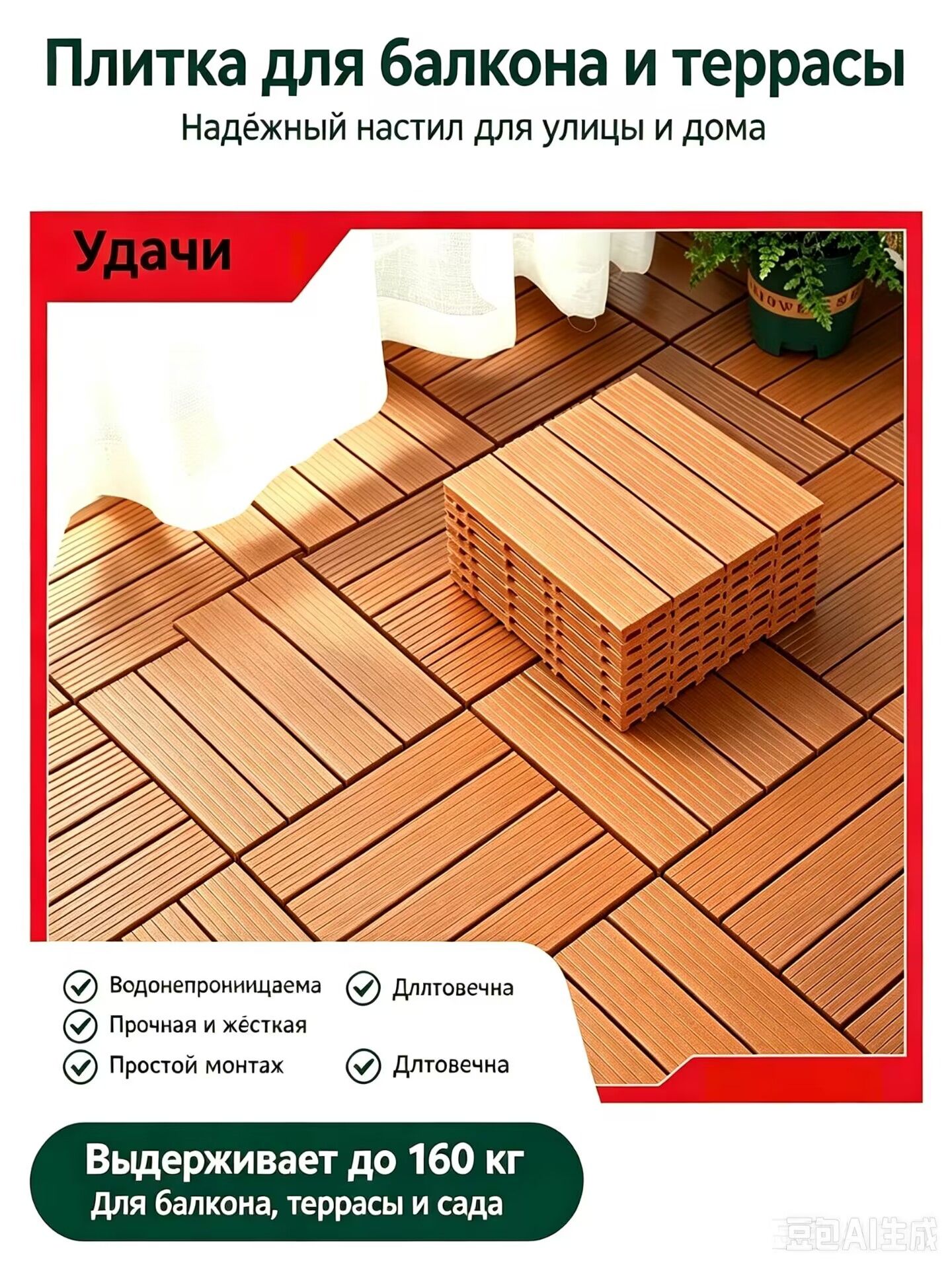 Модульная Паркетная Плитка Для Террасы И Садовых Дорожек, 30x30 См, Толщина 2 См, 22 Шт/уп Для Дачи И Загородного Участка, 2 кв. м.
