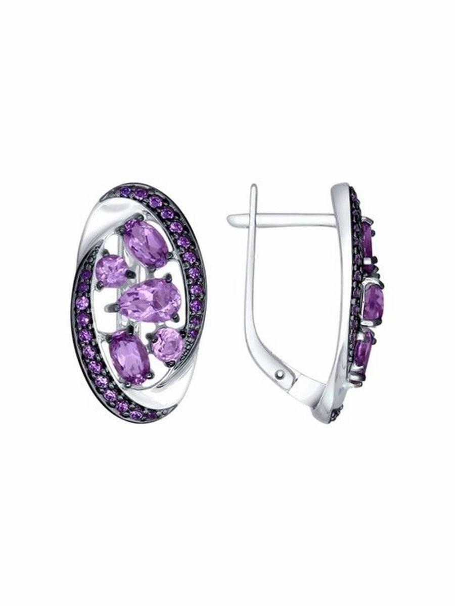 Серьги, серебро, 925 проба, родирование, аметист, фианит