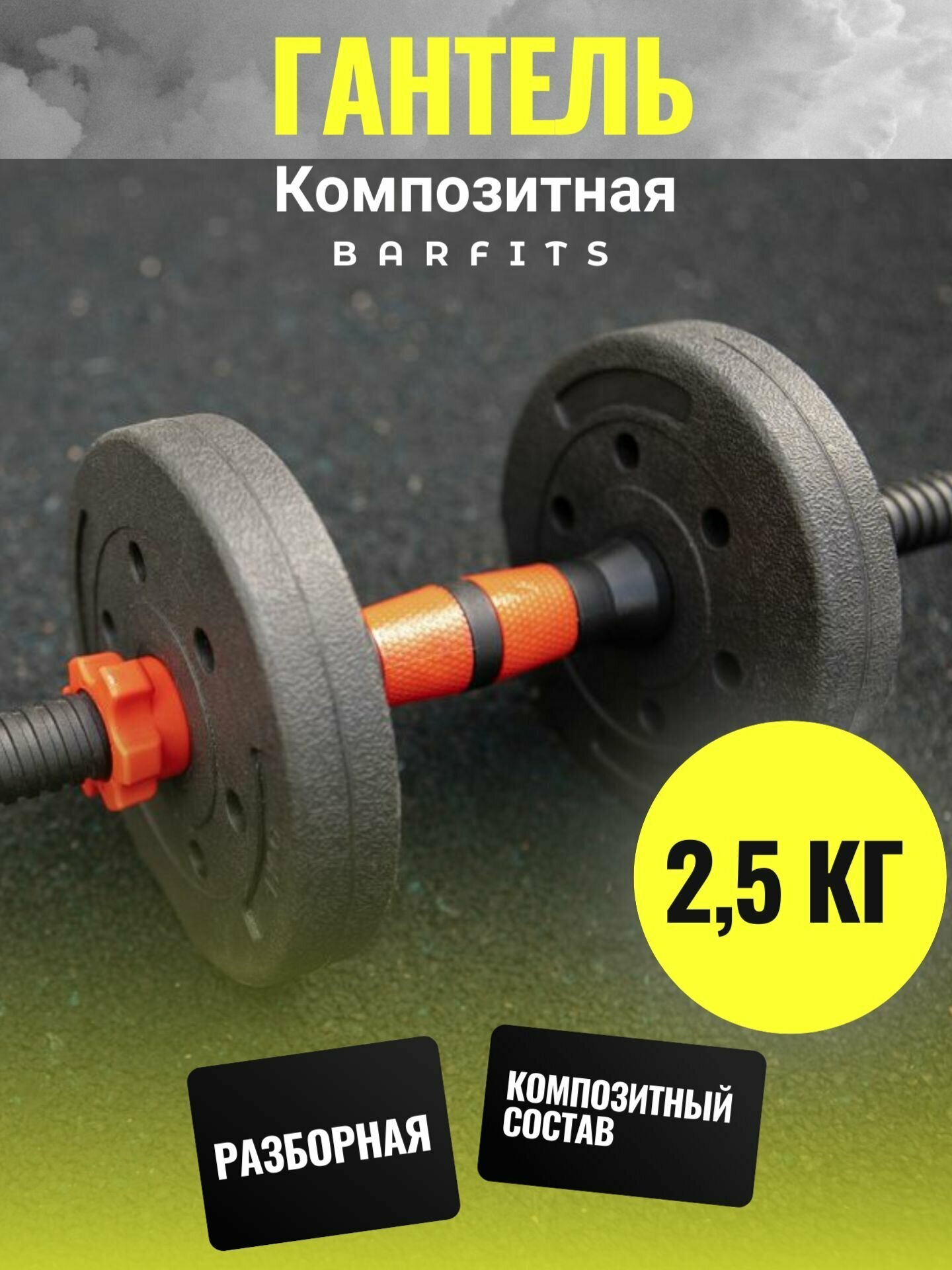Гантель-трансформер пластиковая разборная 2,5кг, Без переходника