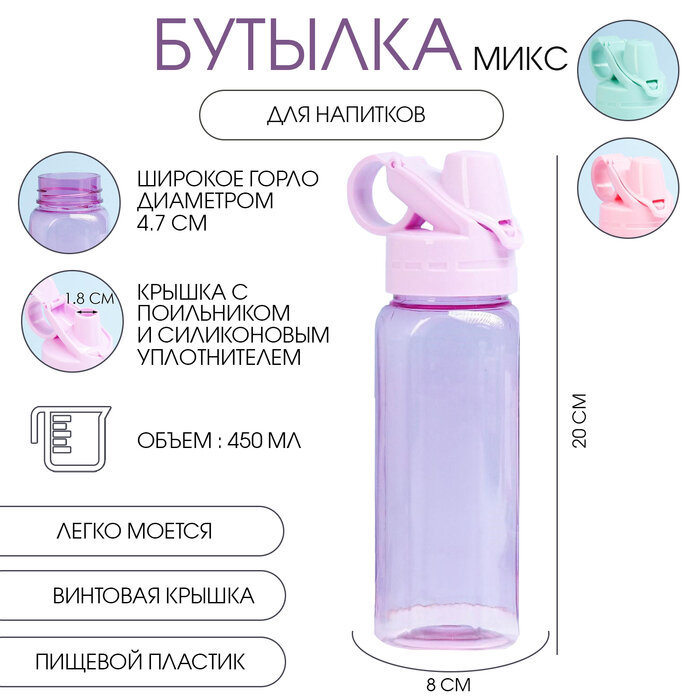 Бутылка для воды, 450 мл, 20×8 см, спортивная, прозрачная, микс