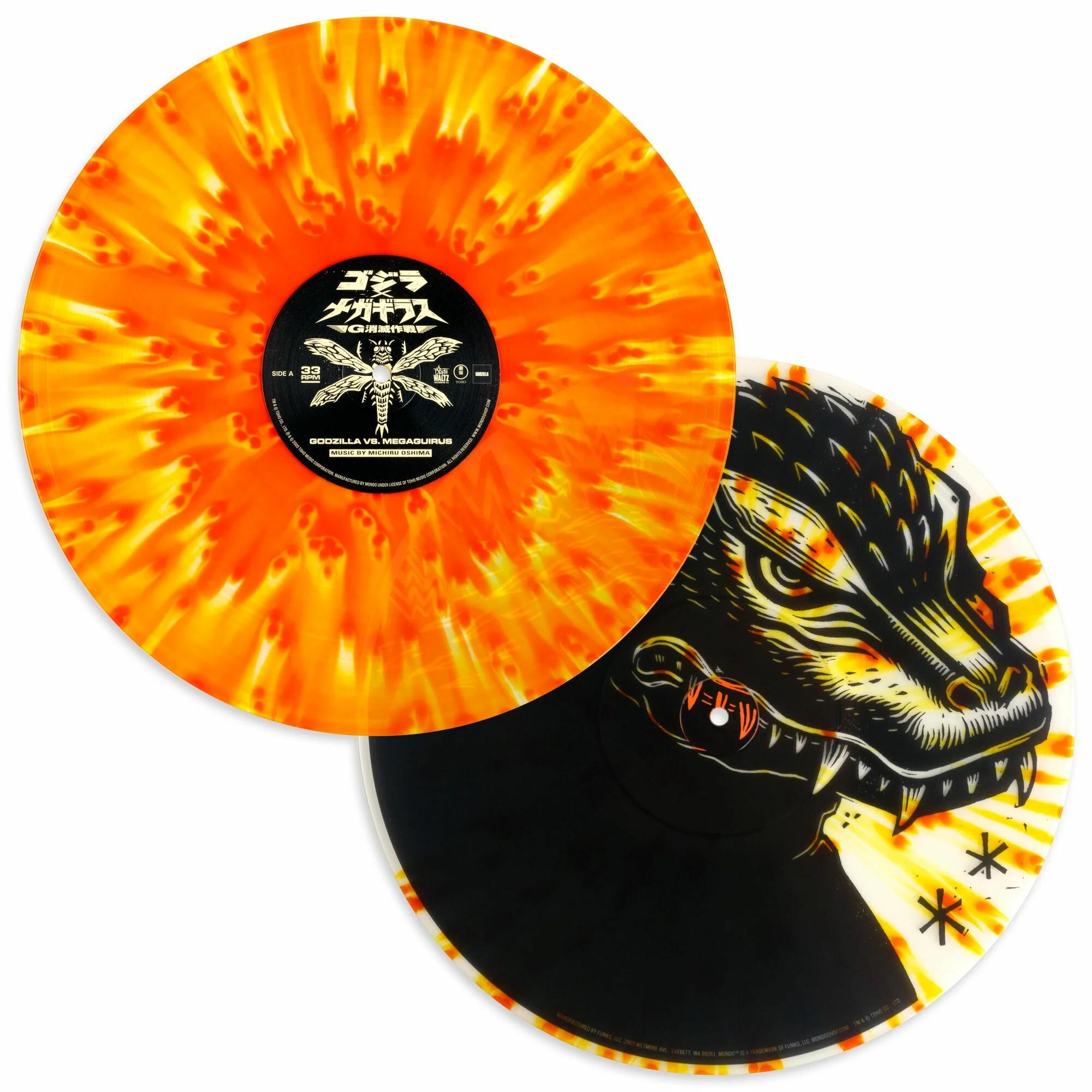 Godzilla Vs Megaguirus OST (2000шт в мире, Numbered Clear-Orange-Yellow Splatter Limited) Желтая с Оранжевыми Брызгами, Пронумерованная Виниловая Пластинка, Фильм "Годзилла против Мегагируса"