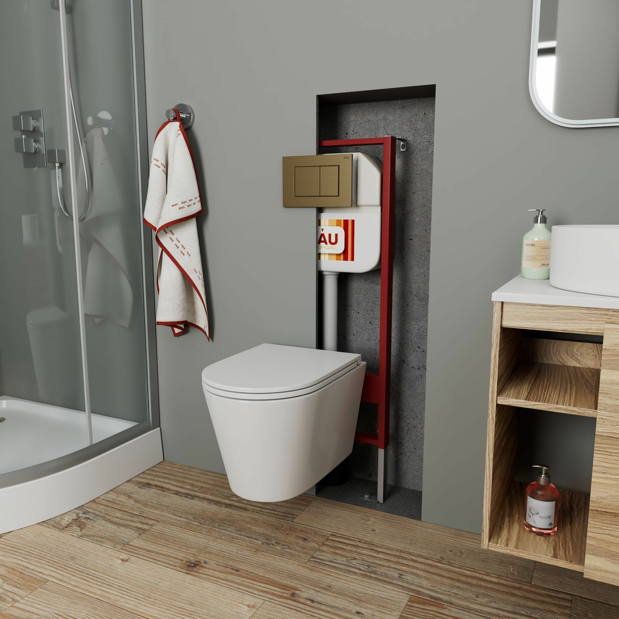 Комплект BAU 6 в 1: рамная инсталляция, унитаз подвесной безободковый вихревой Bau Nimb Hurricane с системой смыва "Торнадо", быстросъемное тонкое сиденье дюропласт микролифт, клавиша BAU Stil, бронза