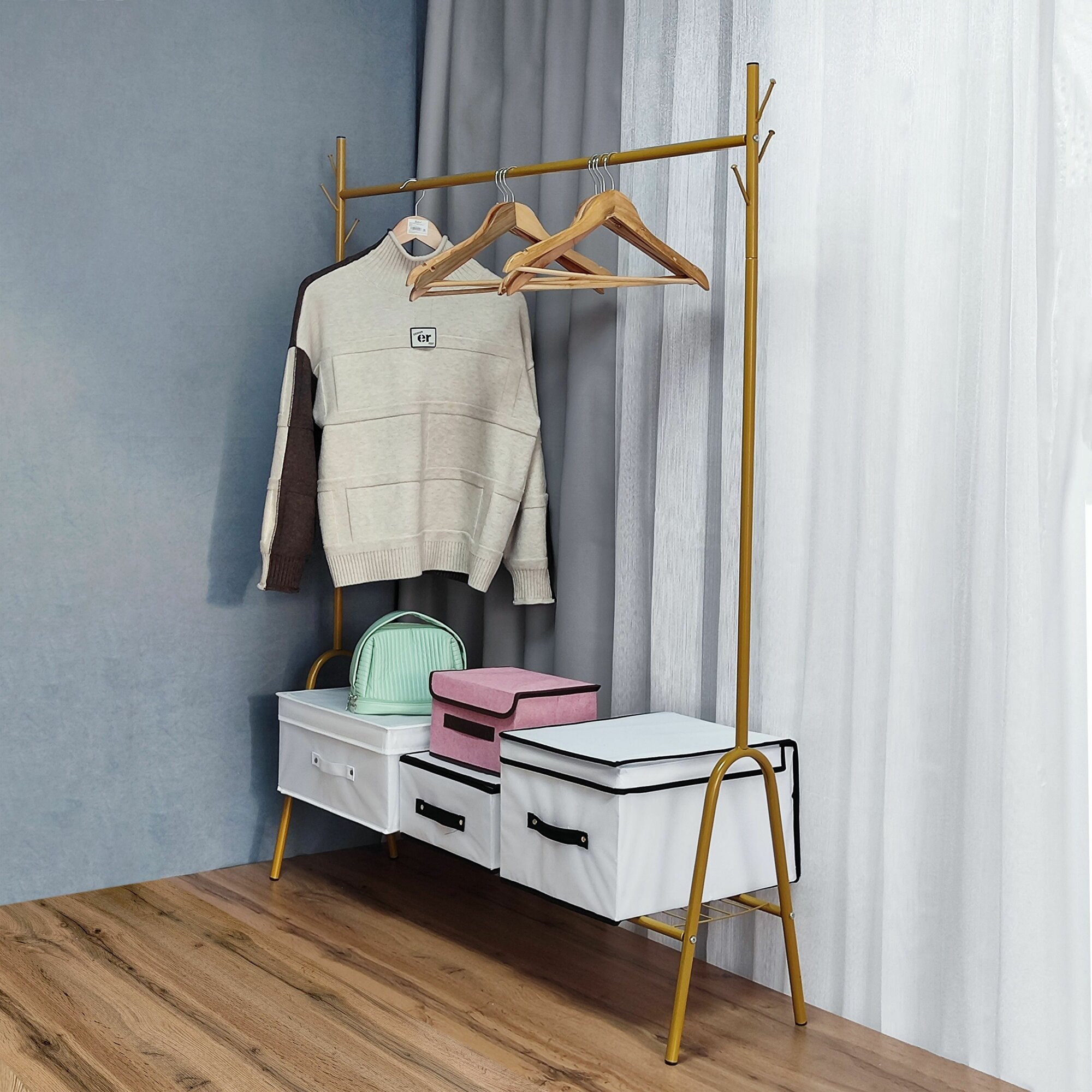 Гардеробная напольная вешалка из металла с полкой - 120х35х155 см, цвет золото