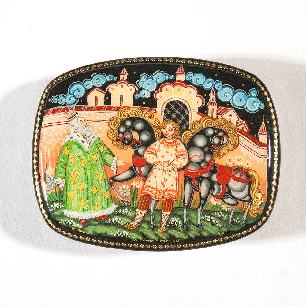 Шкатулка Холуй "Конек-горбунок" 10х8 см. Ручная роспись.