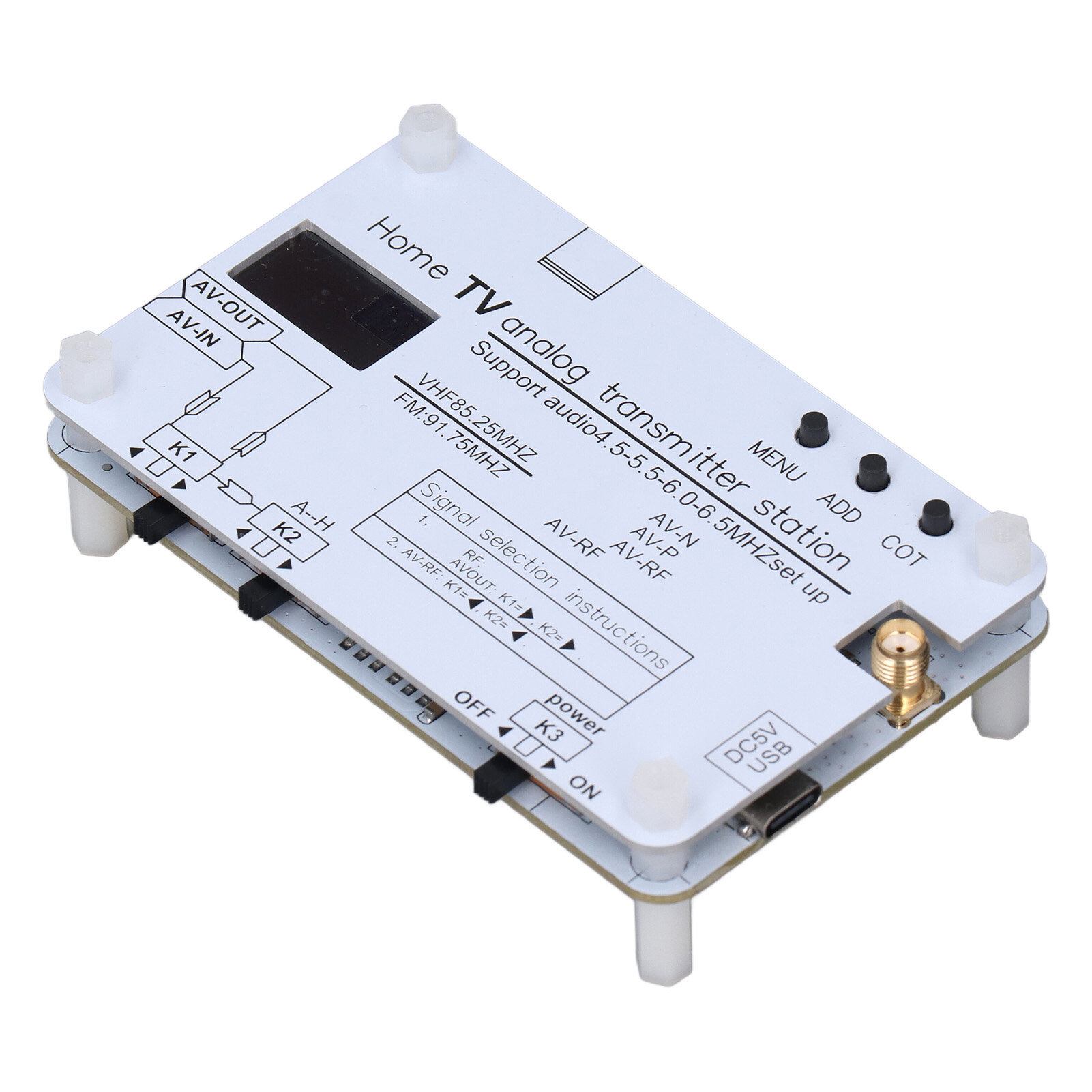 Домашняя аналоговая передающая станция для телевизора, передача звукового и видеосигнала, вход AV, High Definition Multimedia Interface, 1080P, частота передачи VHF 85.25 МГц‑216.25 МГц, UHF 471.25 МГц‑839.25 МГц, настройки аудио 4.5 МГц‑5.5 МГц‑6.0