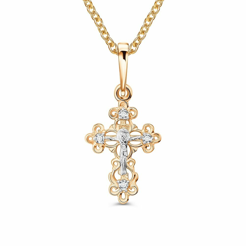 Крестик, красное золото, 585 проба, родирование, фианит