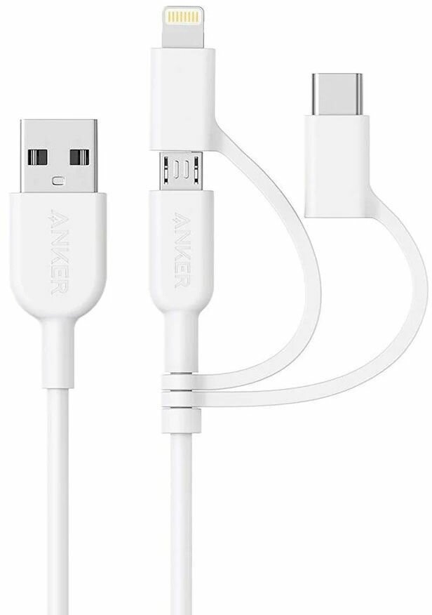 Кабель для зарядки телефона Anker Powerline II 3 в 1, USB - Lightning + Type C + Micro USB, MFi , 0.9m - Белый