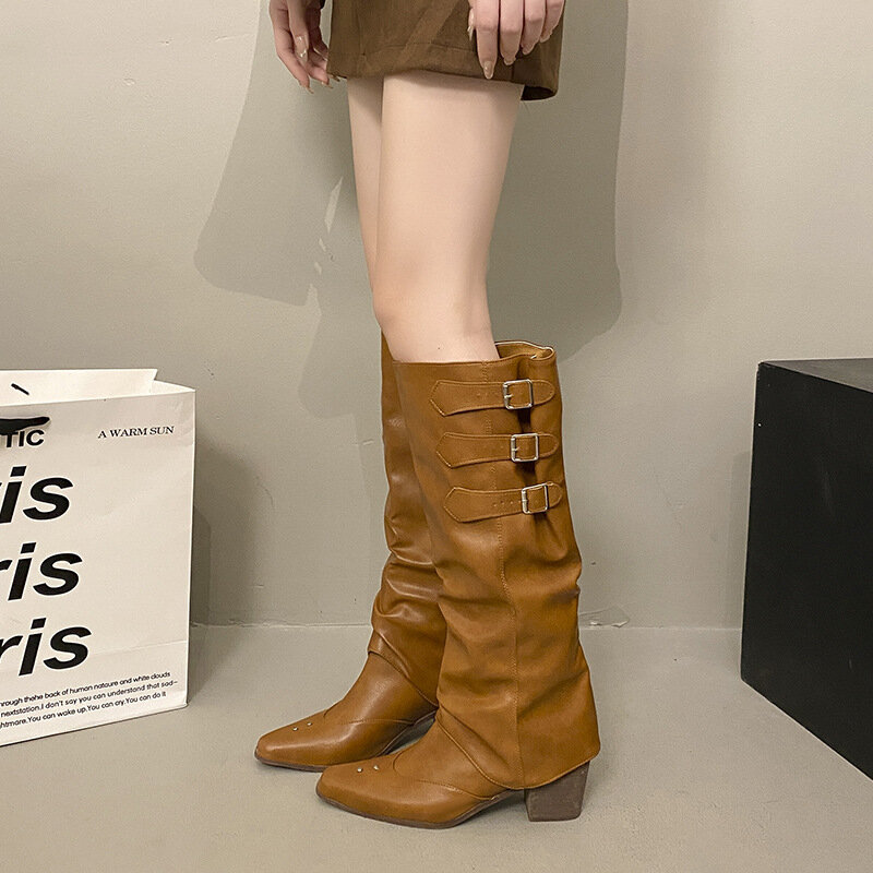 Ботинки в стиле ретро с толстым каблуком и острым носком, длинные рыцарские сапоги, женская обувь 2025 года, новые дизайнерские сапоги с двойными характеристиками