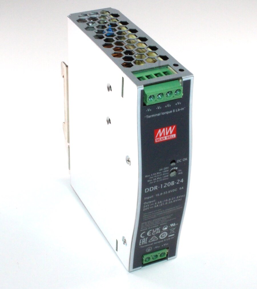 DDR-120B-24, Преобразователь DC-DC на DIN рейку, MW, DC-DC, 120Вт, вход 16.8…33.6 В DC, выход 24В/5А, изоляция 4000В DC,