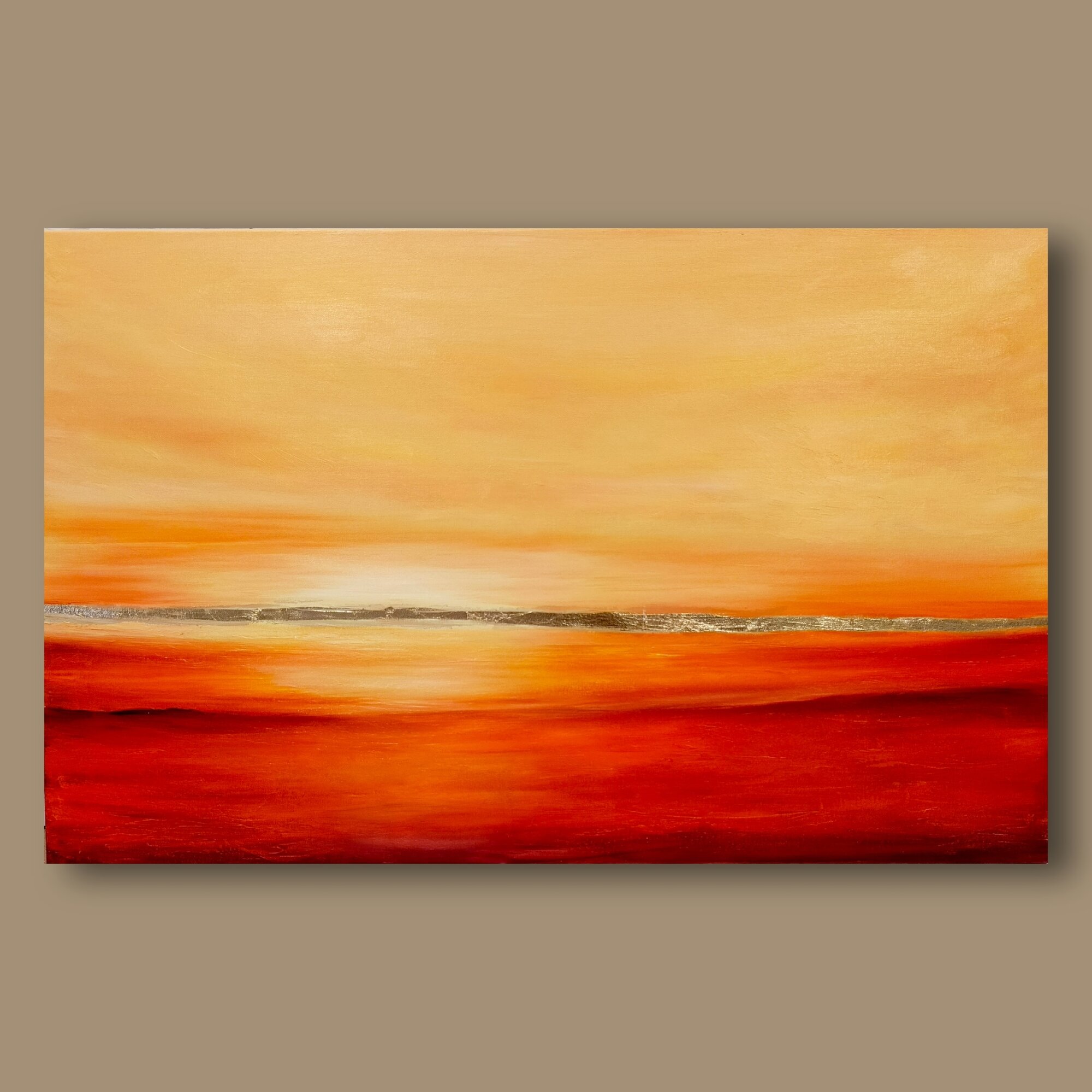 Оранжевая абстрактная картина маслом. Абстрактный пейзаж маслом на холсте с добавлением золотой потали, ручная работа.