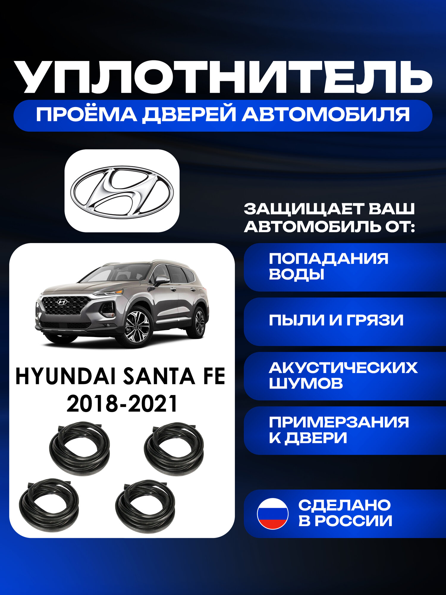 Уплотнитель (резинка) проёма передней и задней двери (4 ШТ.) Hyundai Santa Fe IV (2018-2021) / Хендай Санта Фе 4 поколение