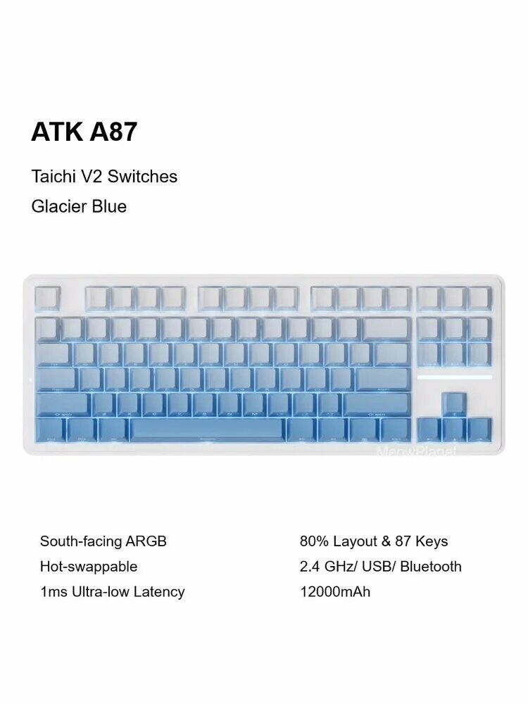 ATK Клавиатура беспроводная A87 Pro, Glacier Blue, Taichi V2 Switches, Английская раскладка, белый, синий