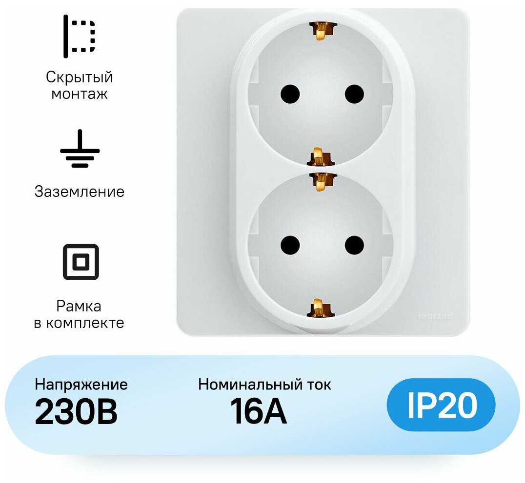 Розетка Legrand Inspiria двойная с заземлением без шторок белый