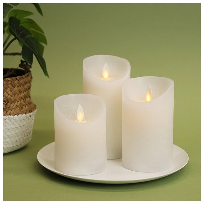 Набор восковых светодиодных свечей с имитацией пламени Флэйм 11-15 см, 3 шт, с пультом, белые, на батарейках, Peha, MB-20104