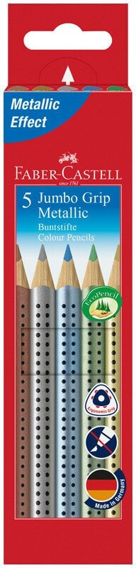 Карандаши цветные Faber-Castell "Jumbo Grip Metallic", 05цв, трехгр, утолщ, заточ, картон, европодвес, 286615