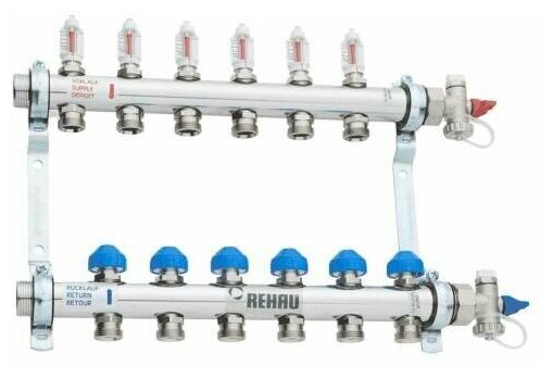 Группа коллекторная нержавеющая сталь 1" НР/НР 2 вых 3/4" НР под евроконус с расходомерами HKV-D Rehau 12080211002