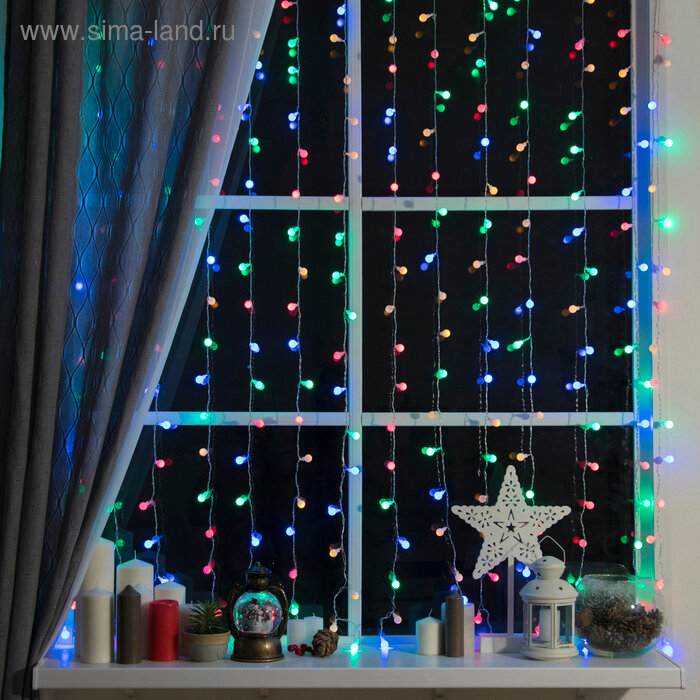 Гирлянда Занавес 2×1.5 м с насадками Шарики, IP20, прозрачная нить, 360 LED, свечение мульти, 8 режимов, 220 В