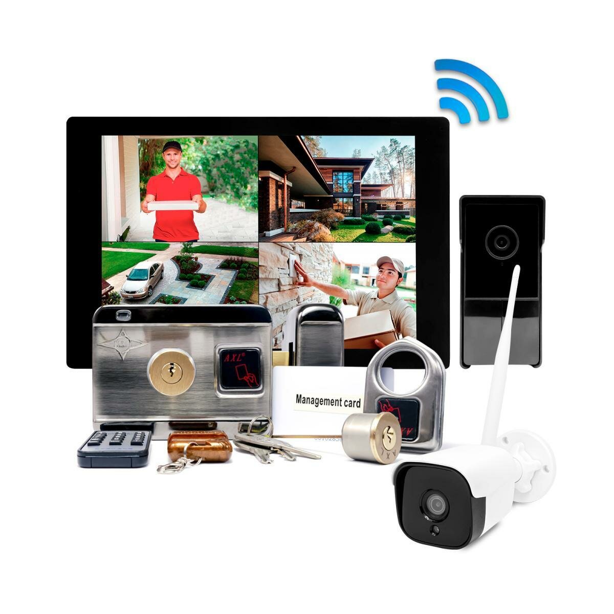 Беспроводной видеодомофон с видеокамерой и замком - SkyNet-10.00 (1+1+AX066) (N50351RA): Wi-Fi HD монитор 10 дюймов, вызывная панель, электромеханич