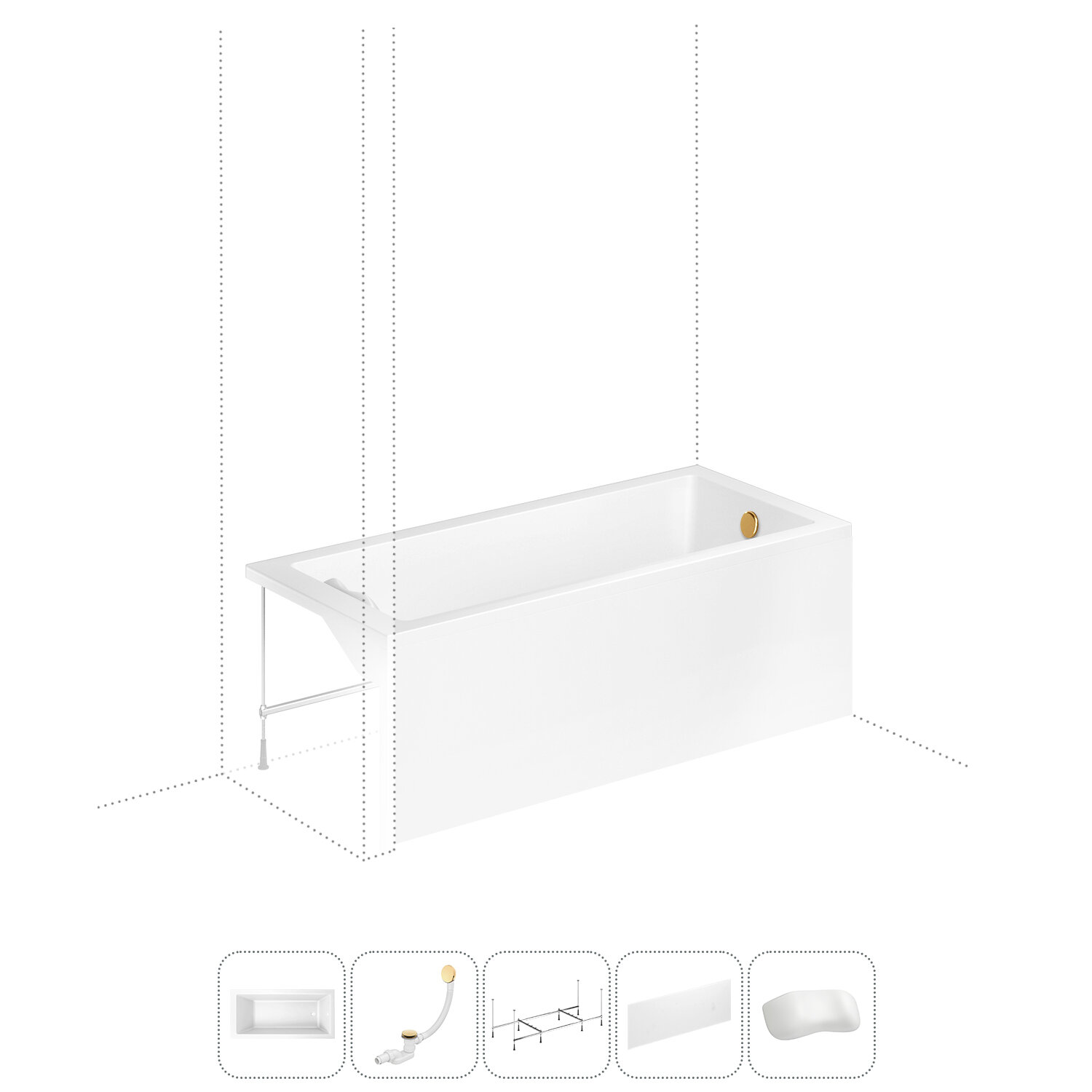 Акриловая ванна 170x80 с каркасом и экраном Lavinia Boho Element 202011755 в наборе 5 в 1: прямоугольная ванна 170 x 80 см, слив-перелив, каркас, экран, подголовник