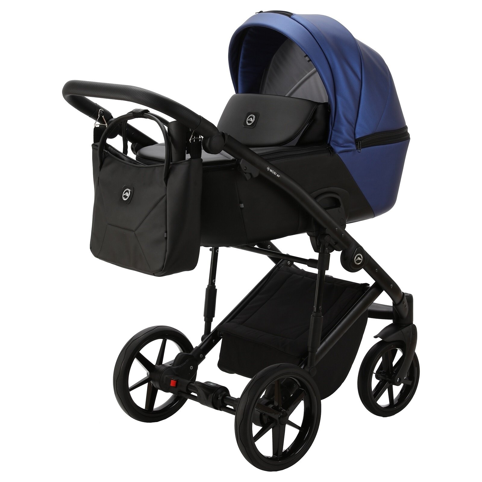 Коляска универсальная Adamex Mobi Deluxe 2 в 1, M-SD13 - Черная матовая, синяя перламутровая эко-кожа