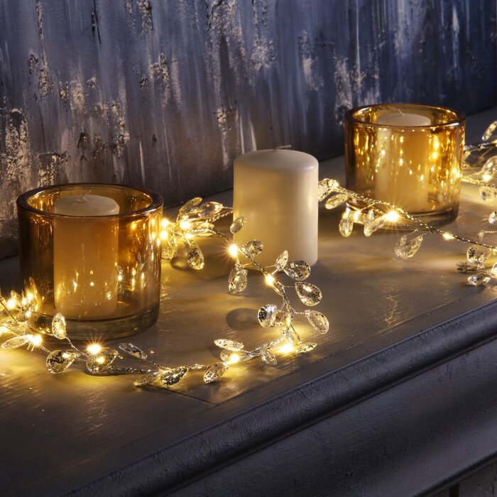Luazon Lighting Гирлянда «Мишура» 1.2 м роса с насадками «Кристаллы», IP20, серебристая нить, 20 LED, батарейки CR2032х2 (в комплекте), свечение тёплое белое