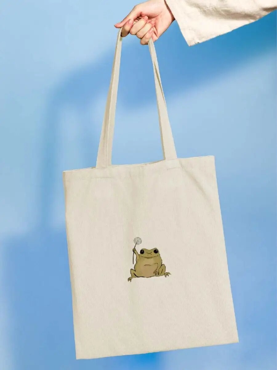 Сумка шоппер  на плечо женская холщевая с принтом Лягушка