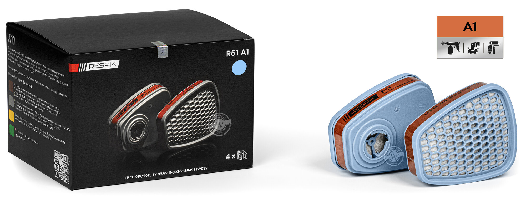 Фильтр / патрон RESPIK® R51 А1 ( Аналогичен 3М 6051 ) для масок / полумасок 3М , JETA SAFETY , руссиз, RESPIK / цвет: голубой / 4 пары ( 8 шт. )