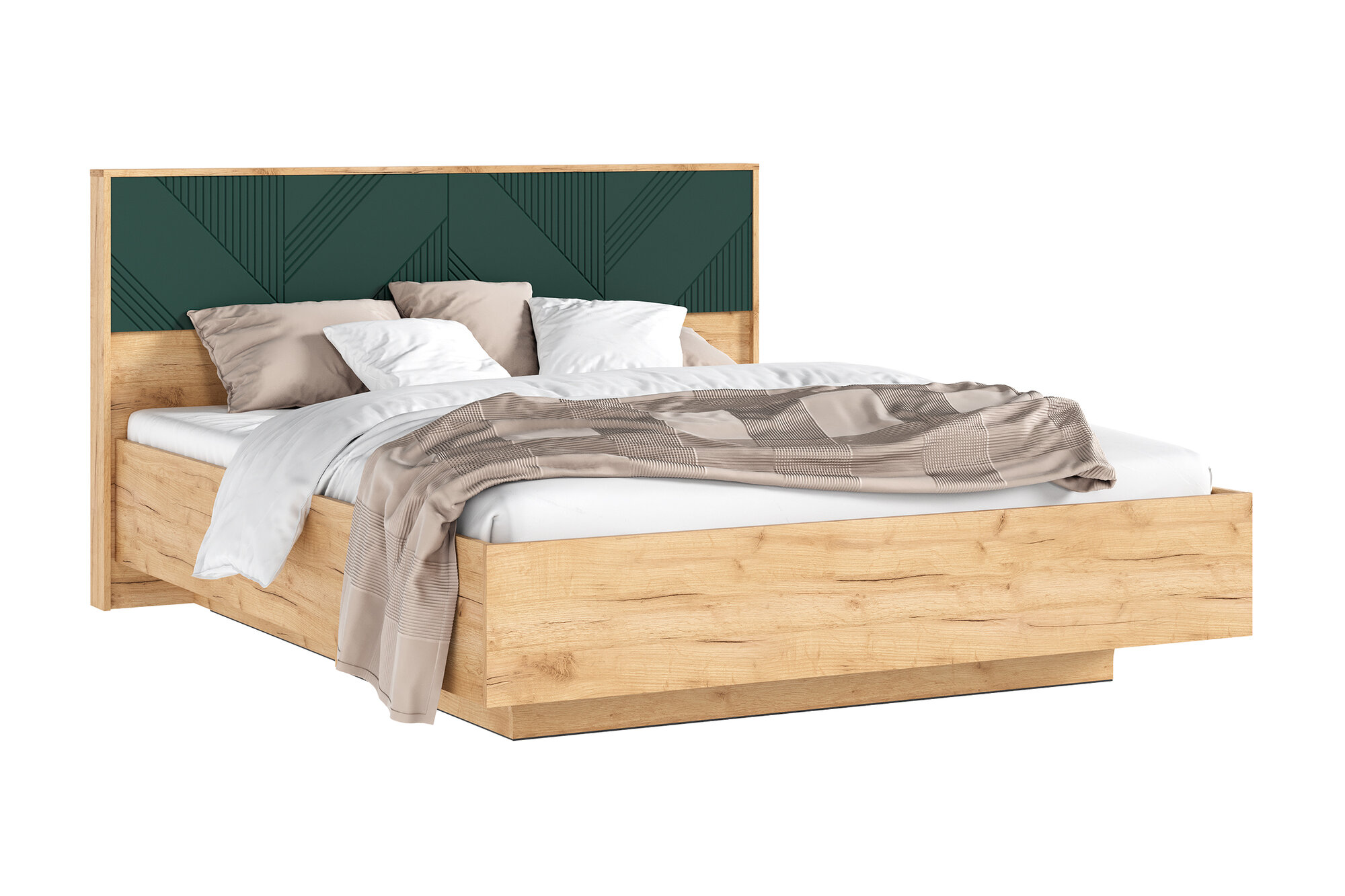 Кровать двуспальная парящая Нонтон Ирис, 160x200, ламели, подъемный механизм, дуб крафт / браш мени грин
