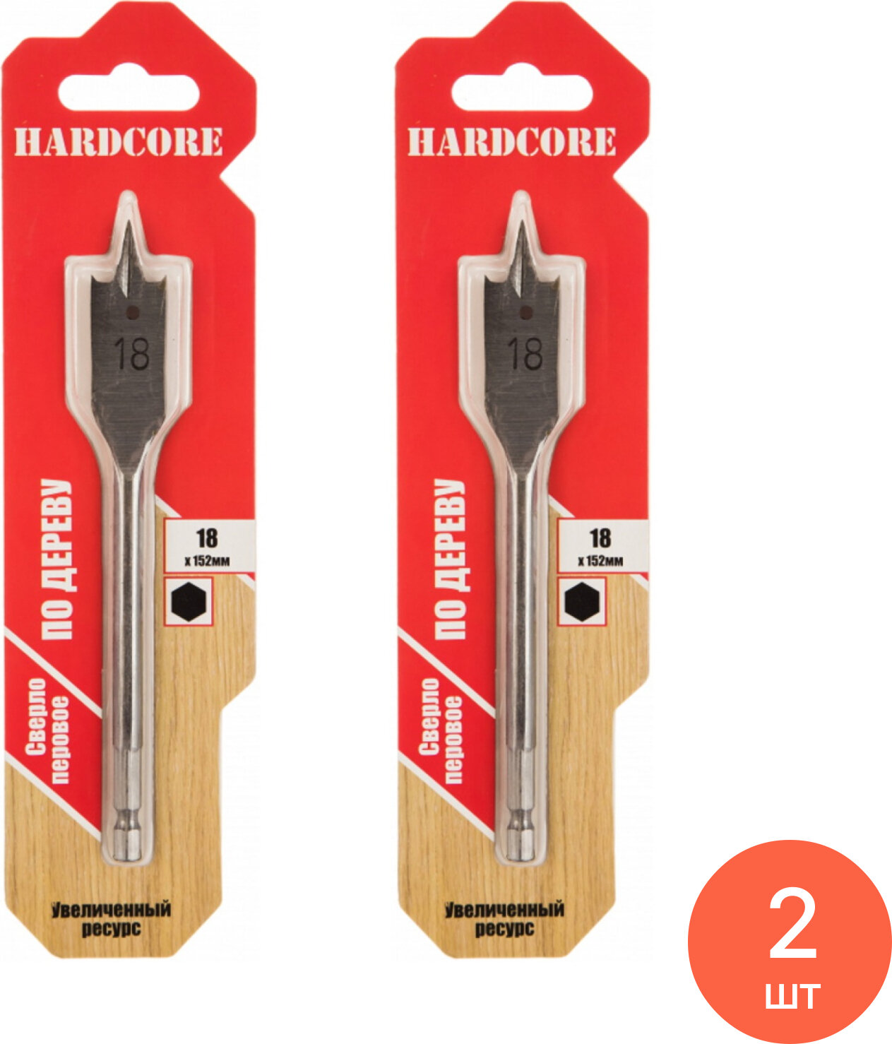 Сверло по дереву Hardcore / Хардкор перовое с подрезателями, шестигранный хвостовик, из высокоуглеродистой стали, диаметр 18мм, длина 152мм / инструменты (комплект из 2 шт)