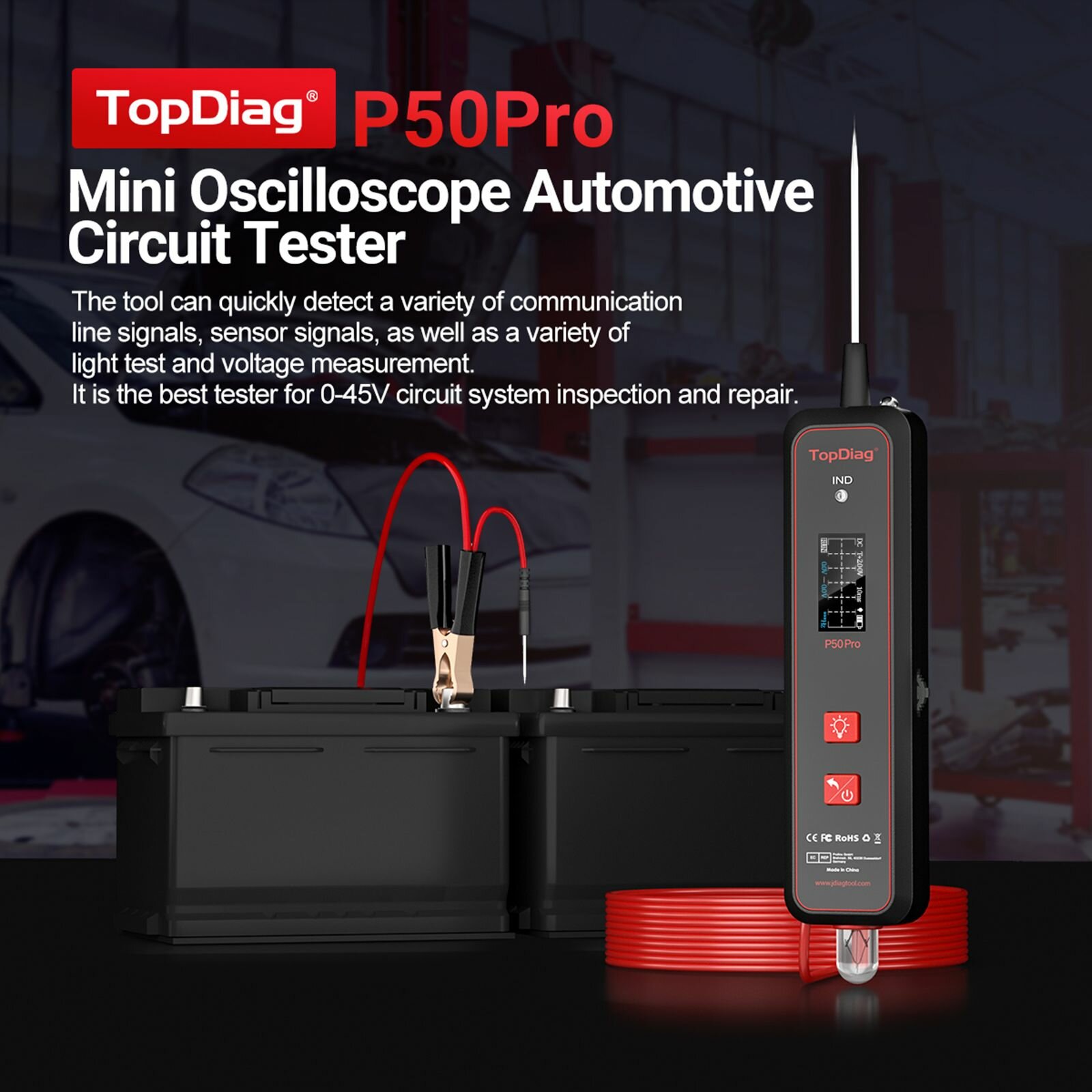 Тестер цепей TopDiag p50pro: мини-осциллограф, проверка AC/DC, светодиодов, с фонариком