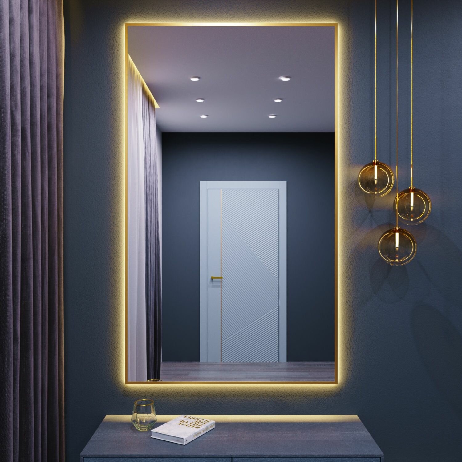 Зеркало настенное 150х80 см. BLX MIRROR с подсветкой в алюминиевой раме. Свет: Теплый белый 3000К, Золото