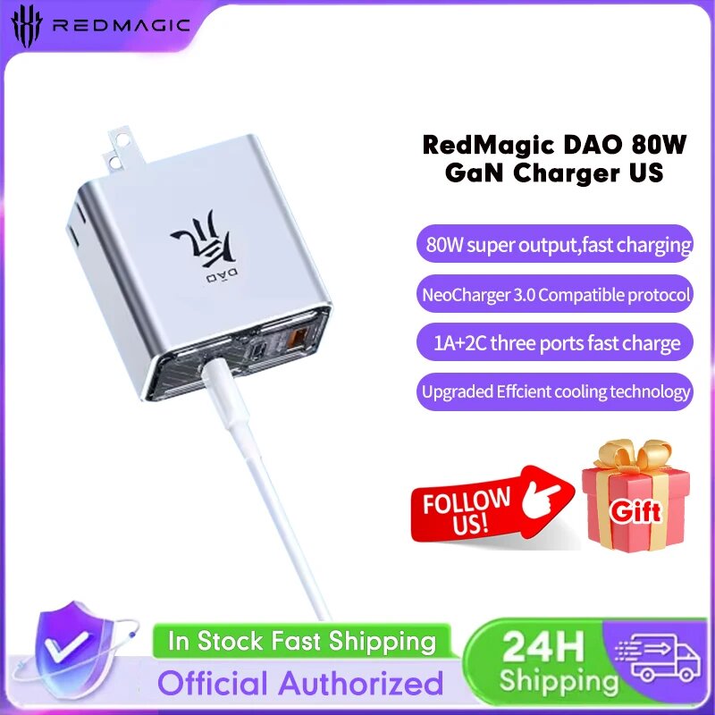 NUBIA Redmagic DAO 80W GaN Зарядное устройство Быстрое зарядное устройство 2C 1A Зарядное устройство для мобильного телефона Red Magic 8 Pro Iphone Nubia 10Pro Версия для США, 80W EU PLUG