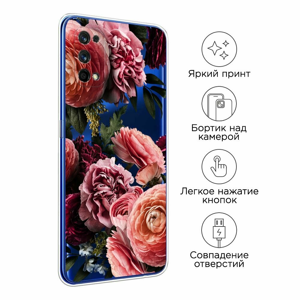 Чехол на Realme 7 Pro / Реалми 7 Про с принтом "Бордовые винтажные цветы", прозрачный — фото 1