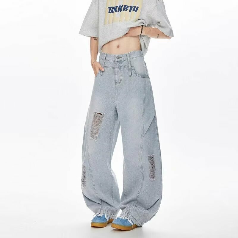 Тренд RONG CH Джинсы Мужские Рваные Летние Стильные Свободные Прямые Широкие Непринужденные Деним, Размер_XL