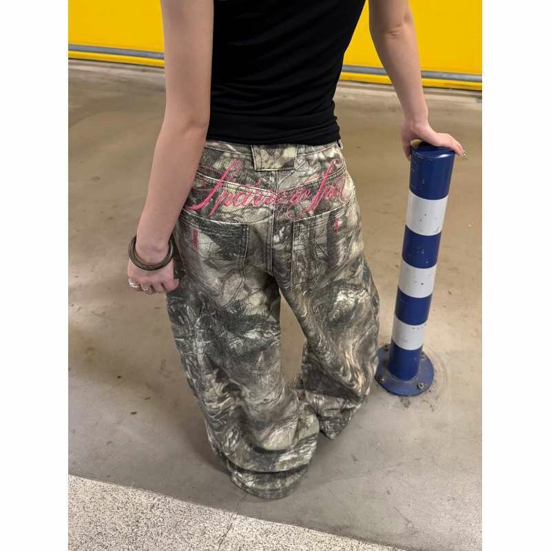Тренд RONG CH Унисекс Джинсы Карго Винтаж Камуфляж Дерево Вышивка Осень Зима Деним, Размер_M