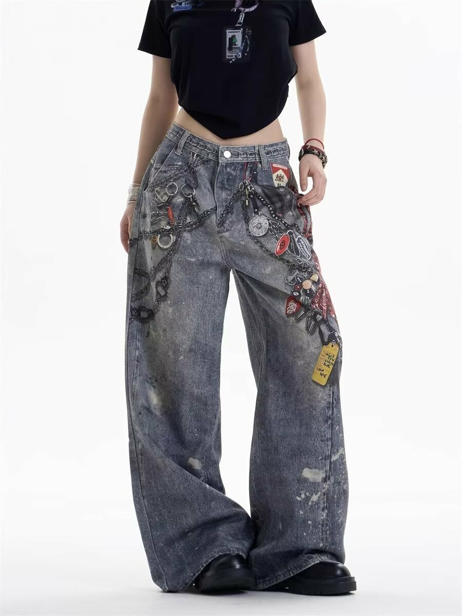 JYL Джинсы Женские Карго Винтажные Большие Карманы Стильные Деним, Размер_S