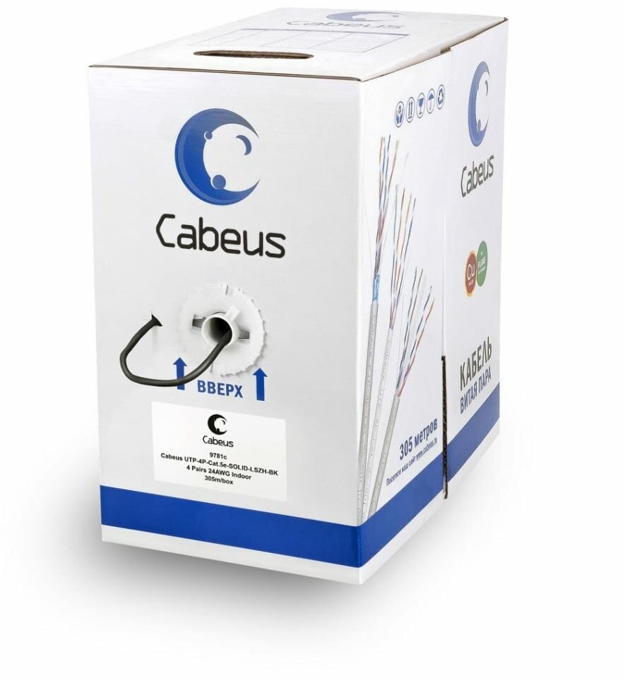 Кабель Cabeus витая пара, категория 5e, 4 пары, одножильный, черный, 305 метров UTP-4P-Cat.5e-SOLID-LSZH-BK для прокладки внутри