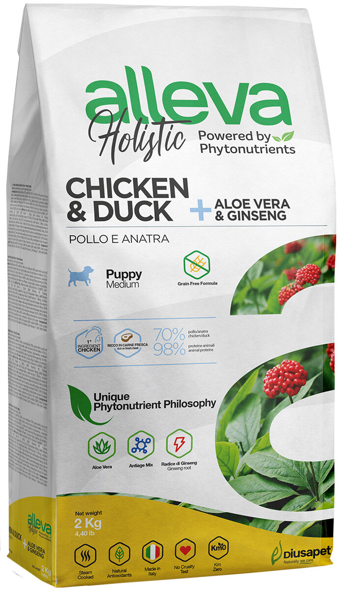ALLEVA HOLISTIC PUPPY MEDIUM CHICKEN & DUCK безз дл щен сред пор с курица, утка, алоэ и женьшень 2 кг