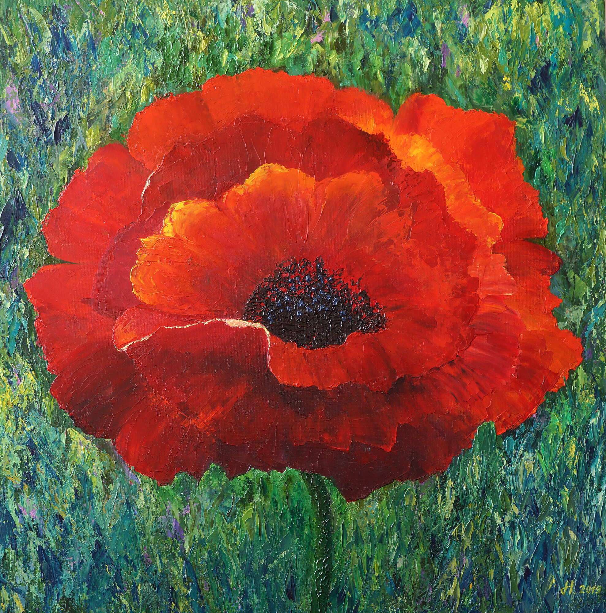 Мак • Интерьерная картина маслом ручной работы • Квадратная картина 40х40 см