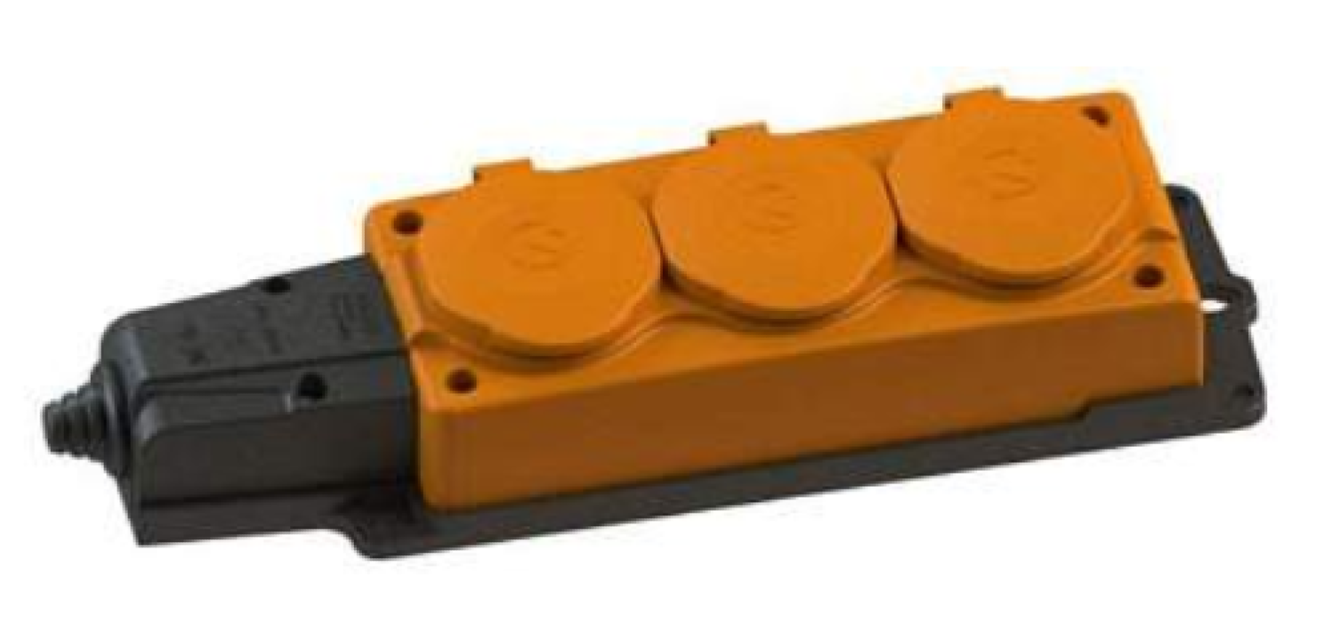 Блок розеток NE-AD 3 гнезда, 16А IP44 с заземлением и крышками, каучук черный/оранжевый, 4113 / колодка электрическая для удлинителя