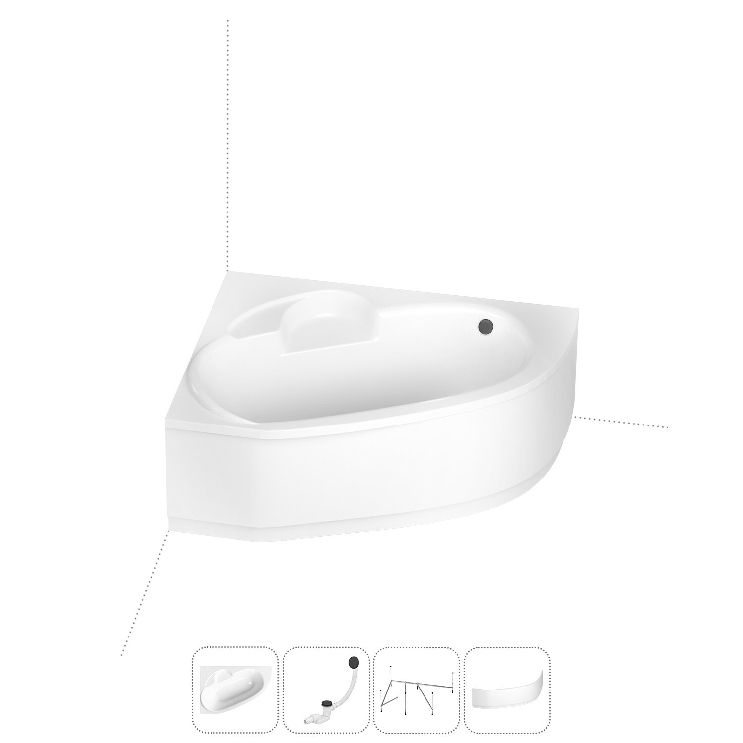 Угловая ванна акриловая 150 x 100 с каркасом и экраном Lavinia Boho Bell Pro 202011217 в наборе 4 в 1: асимметричная ванна (левый разворот), слив-перелив, каркас, экран