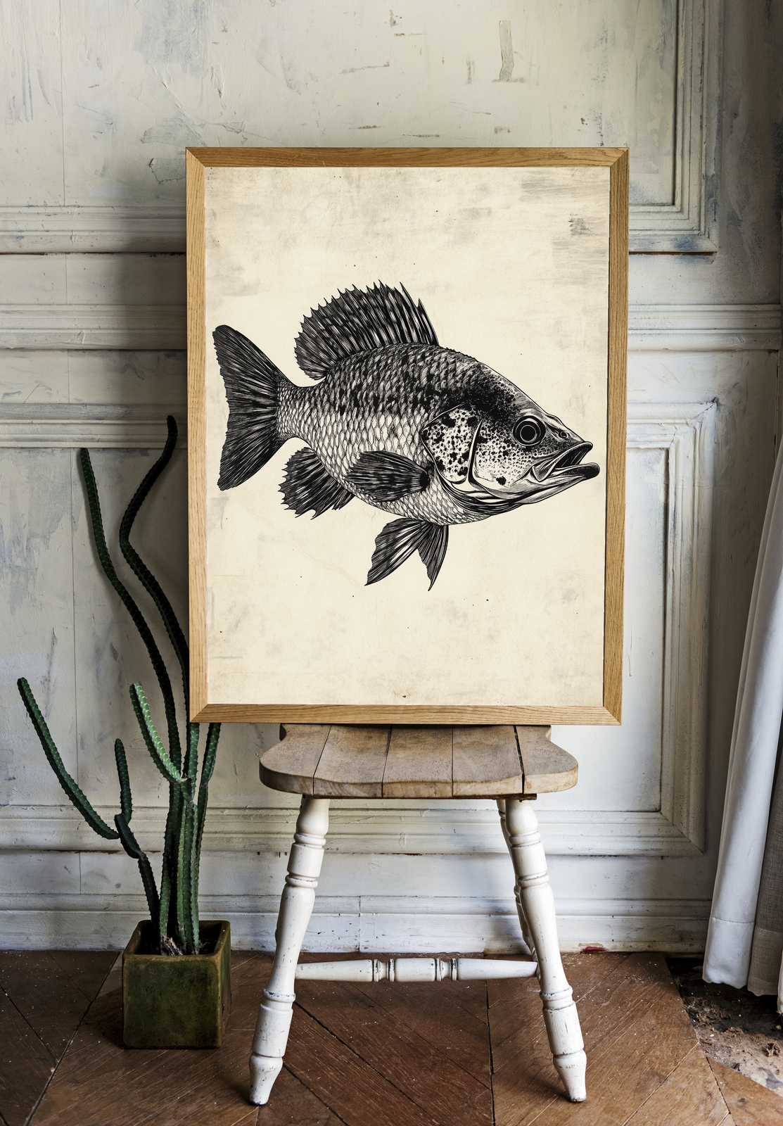 Постер "Античная иллюстрация рыбы" 50x70 в раме